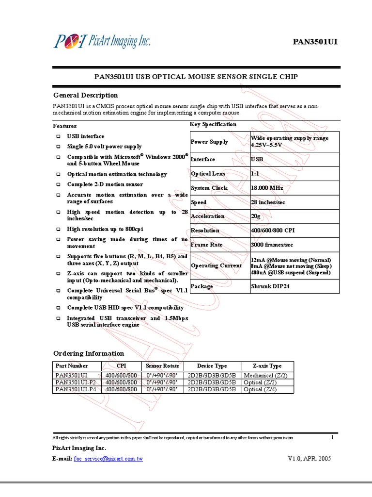 PAN3501UI USB OPTICAL MOUSE SENSOR SINGLE CHIP Pixart Imaging Inc | PDF