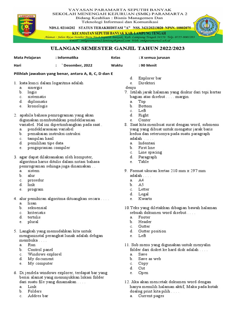 Soal Pilihan Ganda Informatika Semester Ganjil 2022 Kls X | PDF