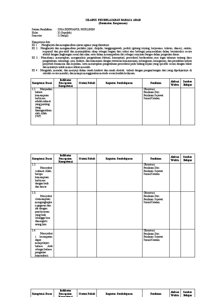 3 Silabus Bahasa Arab Kelas X Paminatan Agustus 2014 | PDF