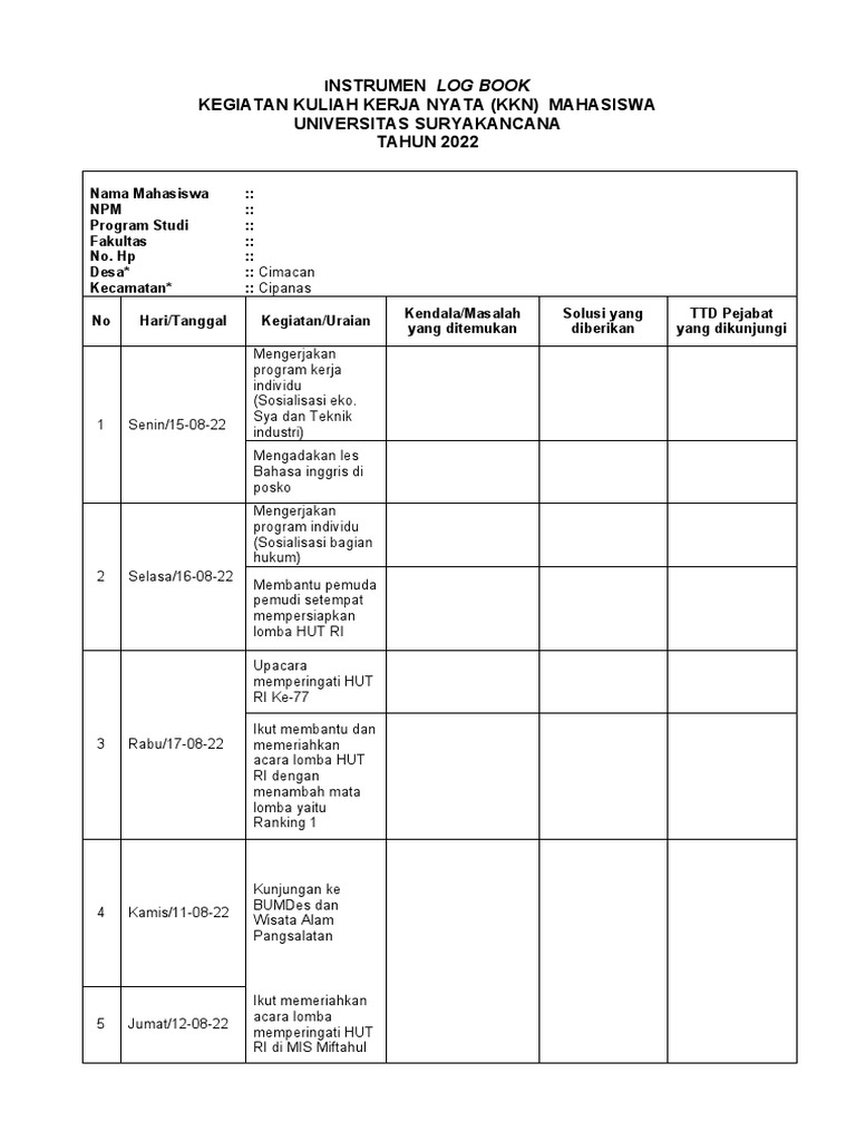 Log Kegiatan KKN Mahasiswa | PDF
