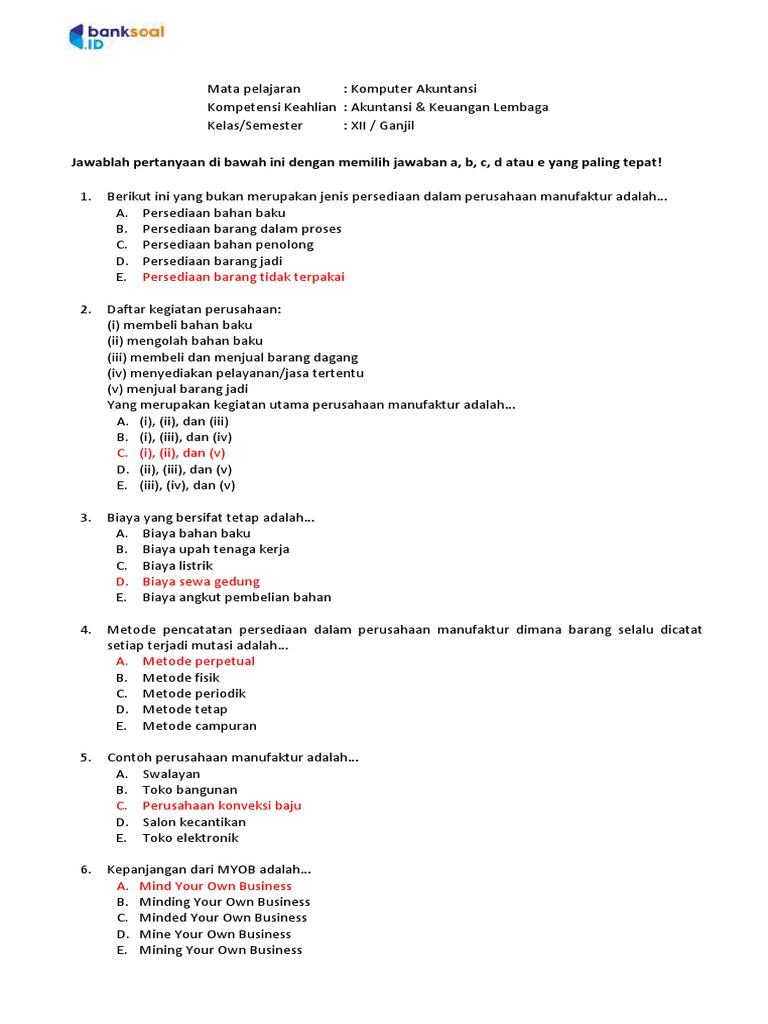 Soal & Jawaban Myob Kelas 12 Semester 1 2021 | PDF