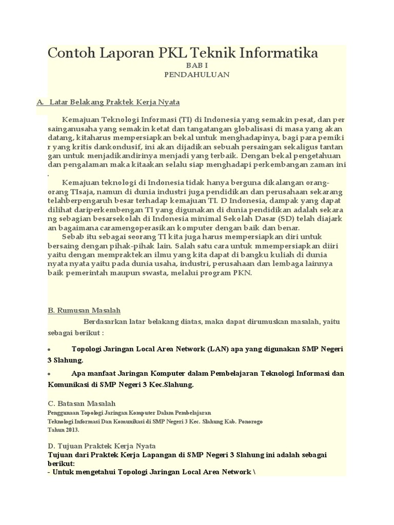 Contoh Laporan PKL Teknik Informatika | PDF