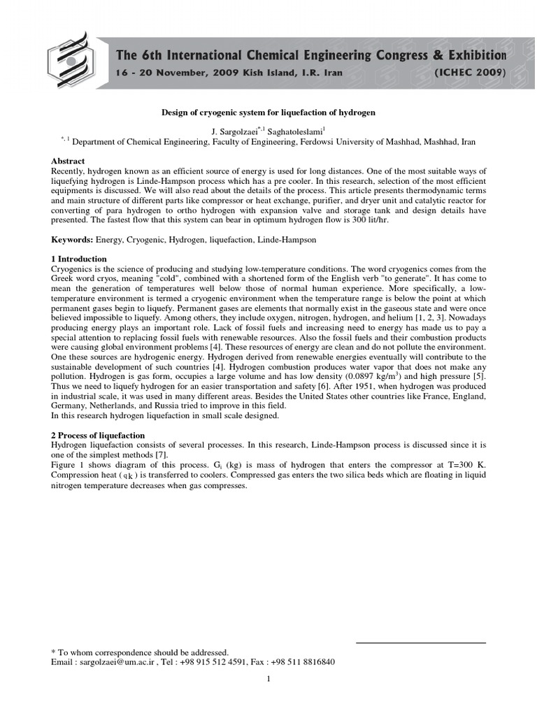 Design of Cryogenic System For Liquefaction of Hydrogen | PDF | Hydrogen | Cryogenics