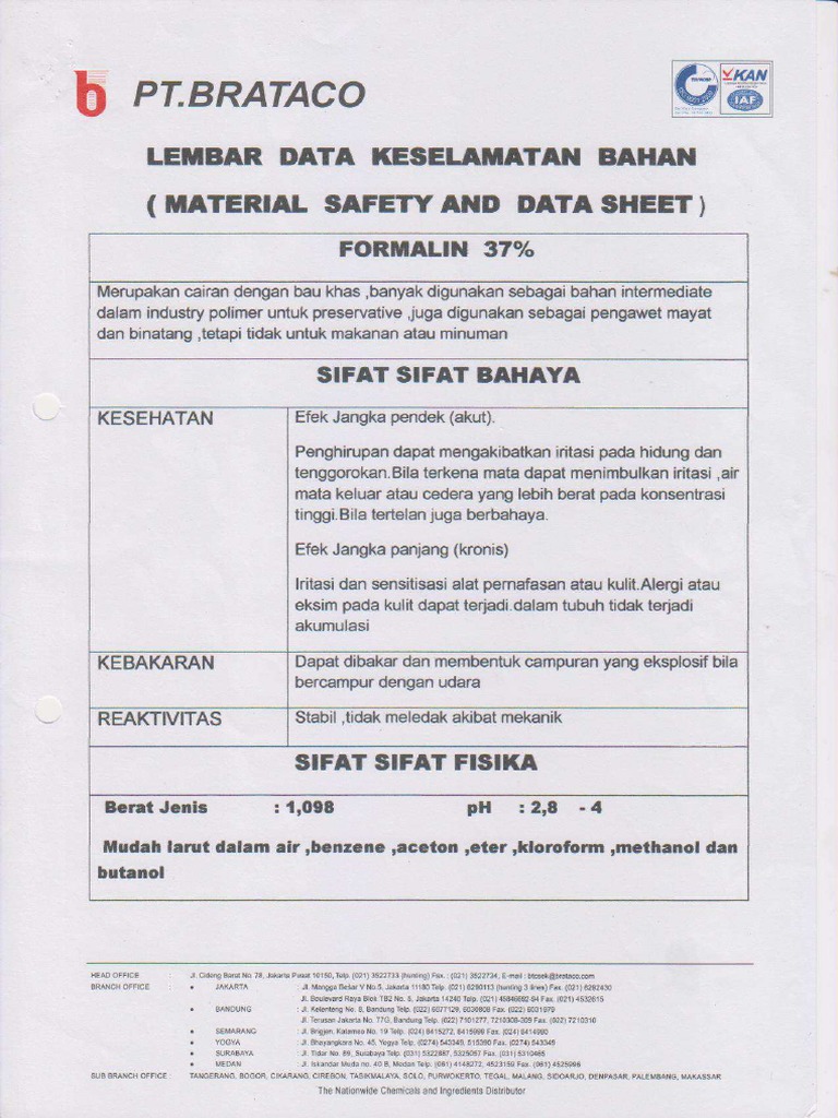 MSDS Brataco Formalin 37% | PDF