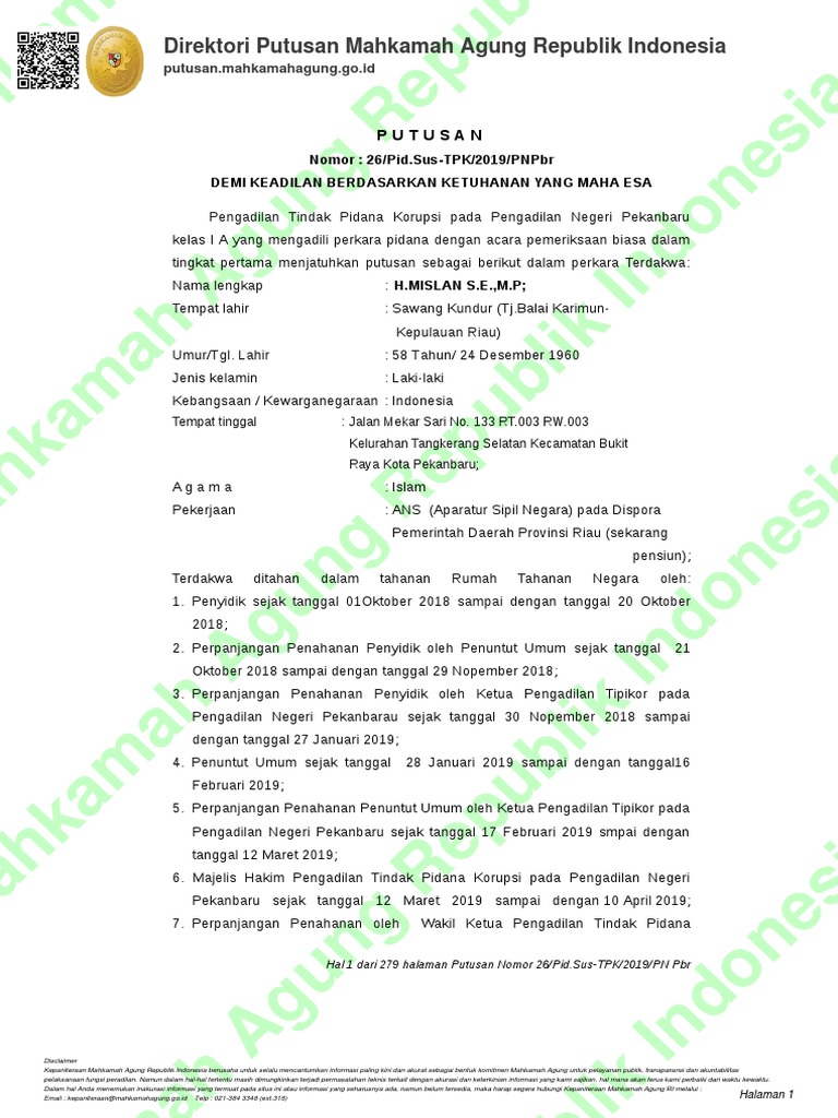 Putusan 26 Pid - Sus-Tpk 2019 PN PBR 20221121102323 | PDF