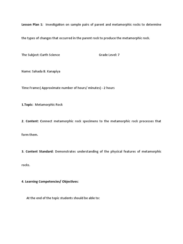 Lesson Plan 2 Metamorphic | PDF | Rock (Geology) | Sandstone