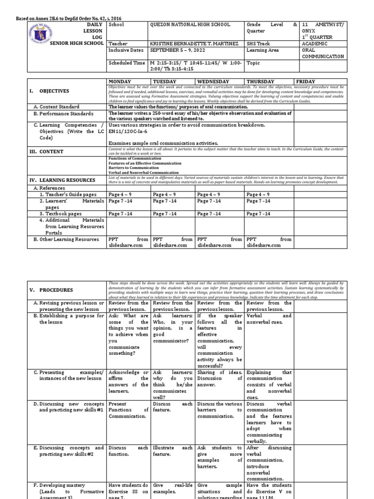 2 Shs Daily Lesson Log DLL Template Oral Communication | PDF