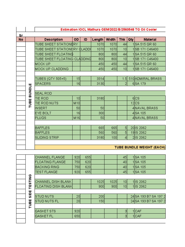 Estimation IOCL Mathura GEM - 2022 - B - 2560548 TG Oil Cooler | PDF