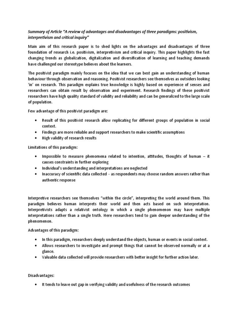 Advantages and Disadvantages of 3 Paradigms | PDF | Positivism | Paradigm