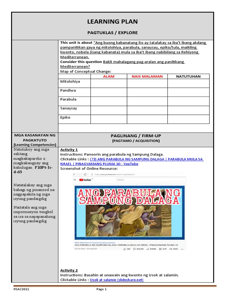 1st Q Fil10 Learning Plan Template Pdf