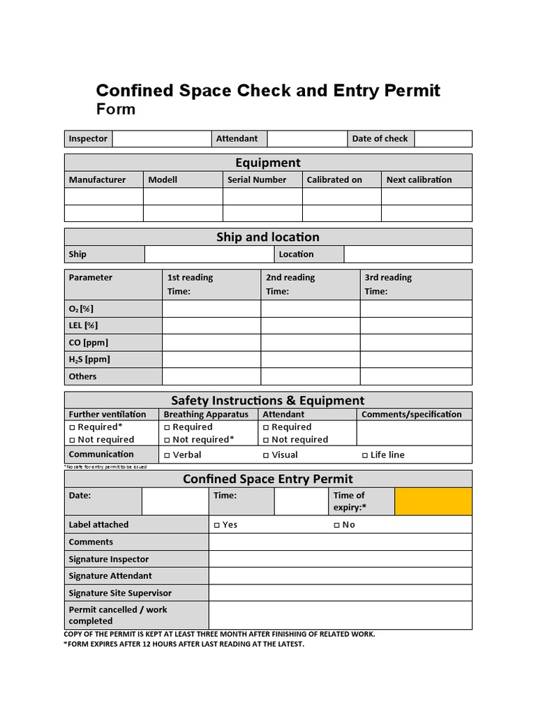 General - Confined Space Check and Entry Permit Form - v2 | PDF