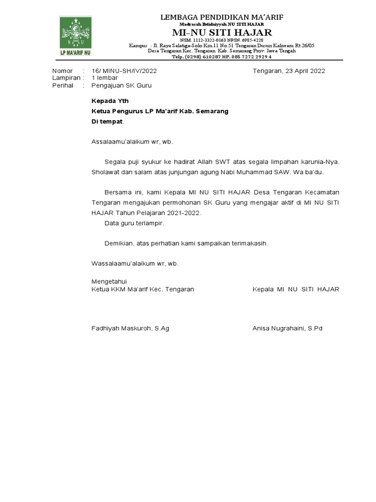 16-MI Pengajuan SK Guru MI Ke LP Ma'arif TP 2021-2022 | PDF