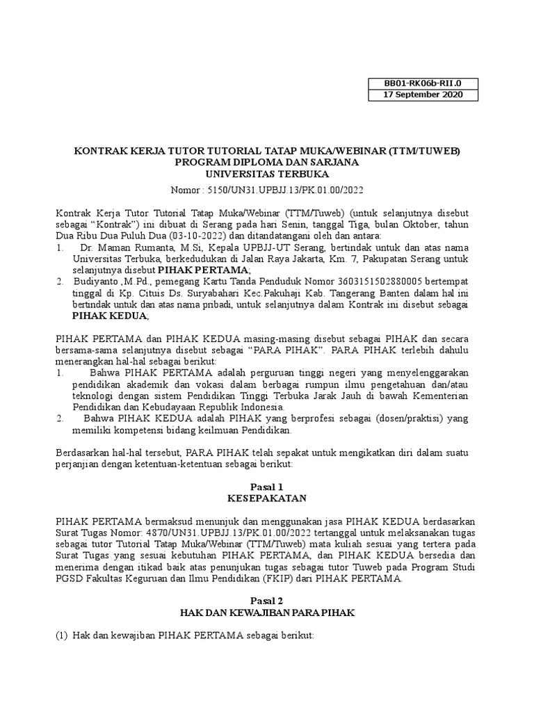 Kontrak Tutor 20222 | PDF