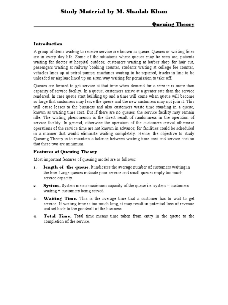 Study Material by M. Shadab Khan: Queuing Theory | PDF | Probability Theory | Applied Mathematics