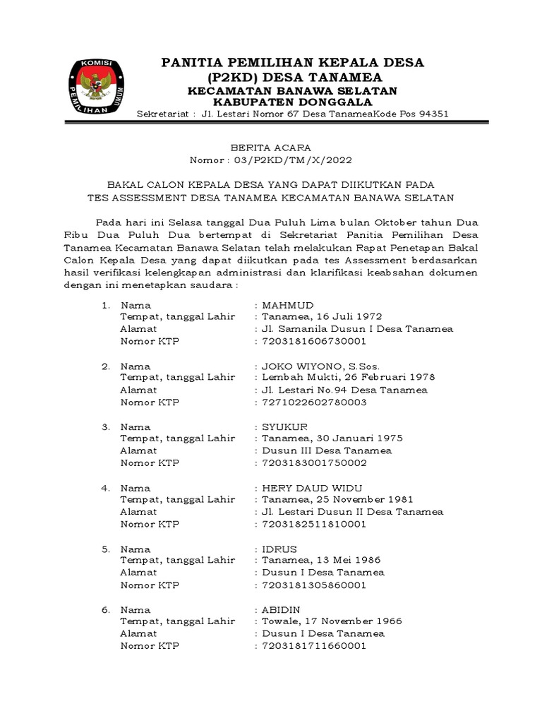 Lampiran - Berita Acara Bakal Calon Kepala Desa Test Assessment | PDF ...