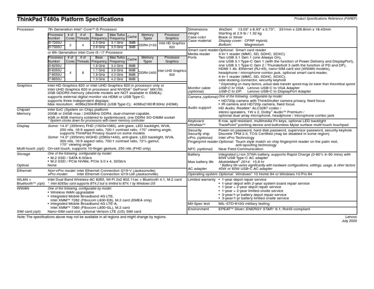 Lenovo ThinkPad T480s Specs Guide | PDF