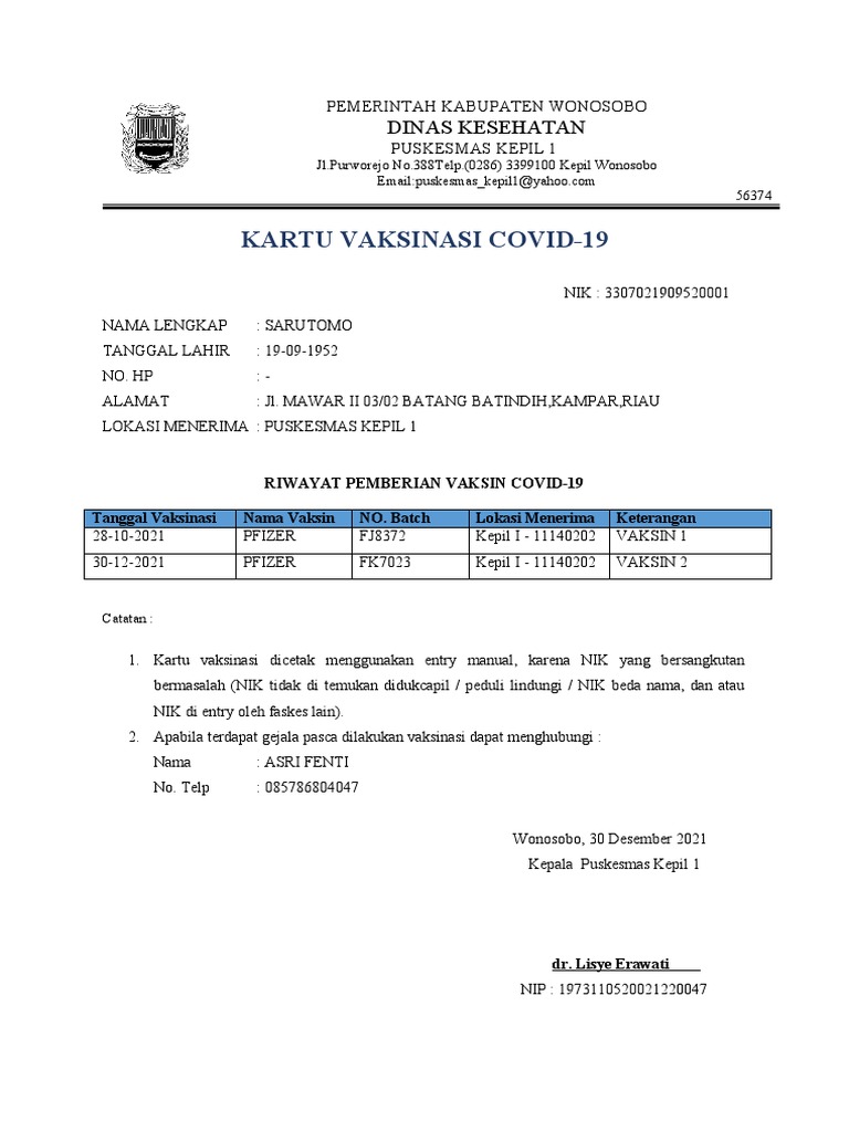Kartu Vaksin Sarutomo | PDF
