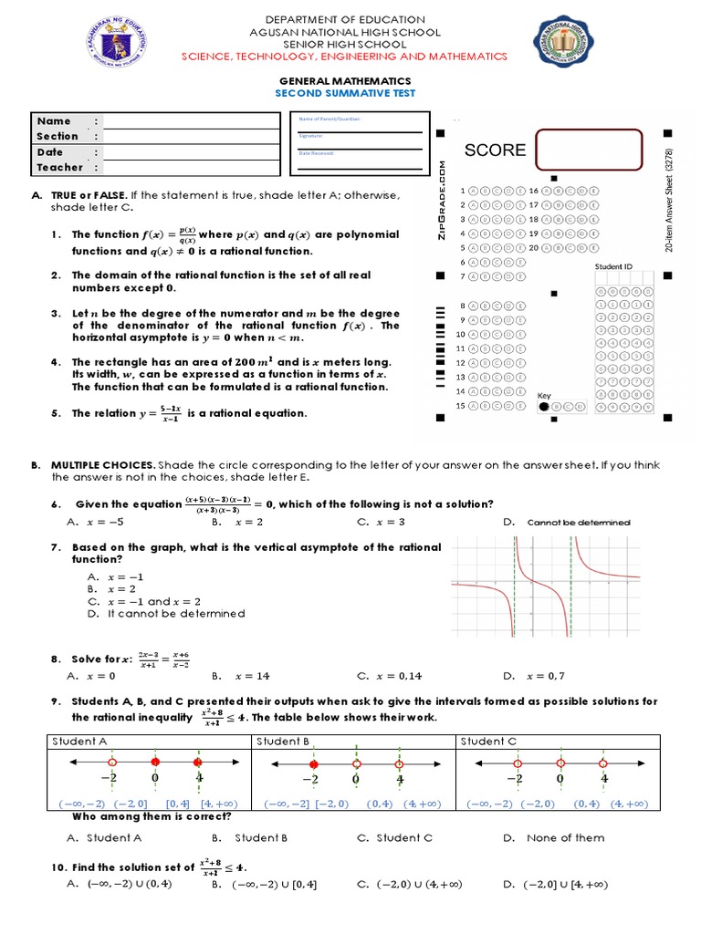 Gen Math Summative 2 Set A | PDF | Function (Mathematics) | Asymptote