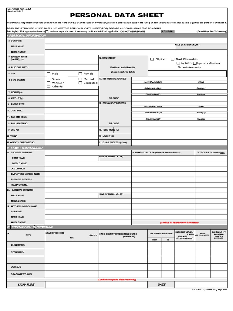 CS Form No. 212 Revised Personal Data Sheet 2 - New | PDF | Justice ...