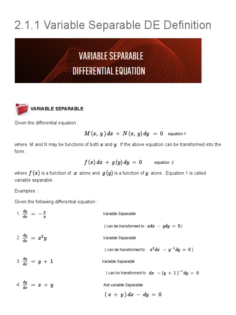 Variable Separable and First Order Homogeneous DE | PDF | Equations ...