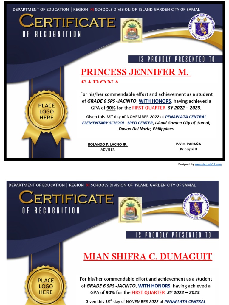 Certificate of Recognition (Honors) | PDF | Education Reform | Student ...