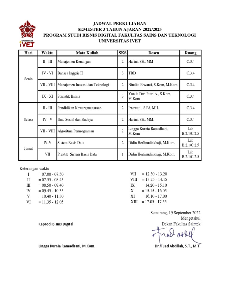 Jadwal Kuliah Semester 3 2022/2023 | PDF