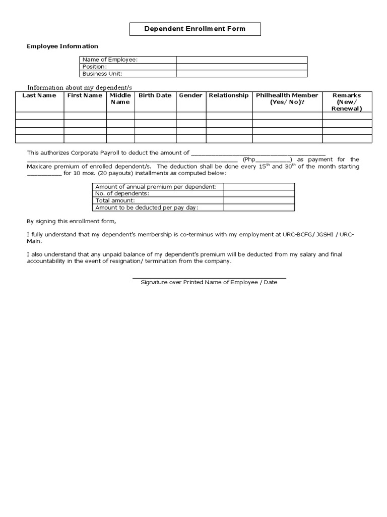 Maxicare Dependent Enrollment Form | PDF