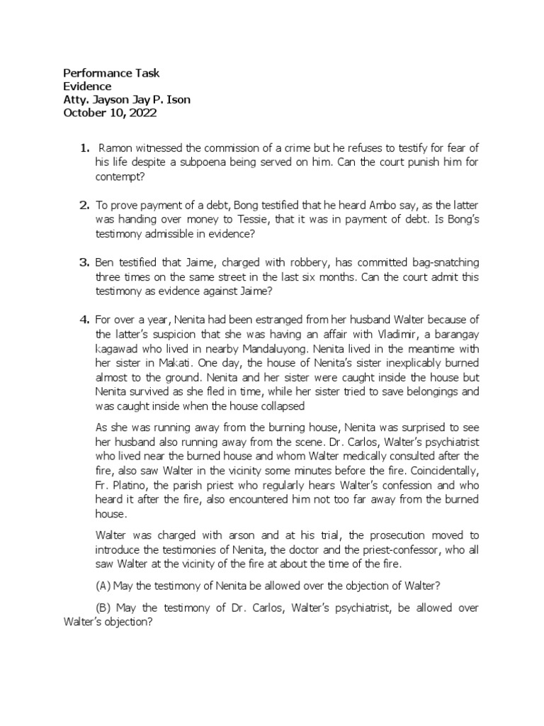 Performance Task MidTerm Second Sem. AY 2022 2023 | PDF | Witness | Common Law