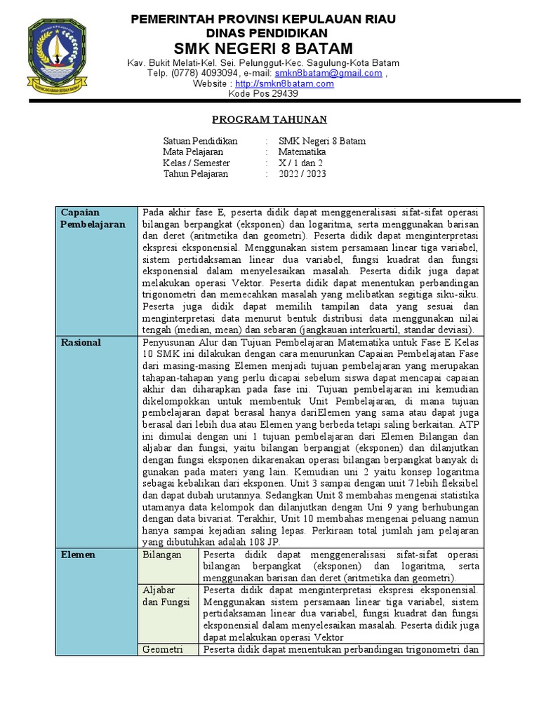 Program Tahunan Kelas X | PDF