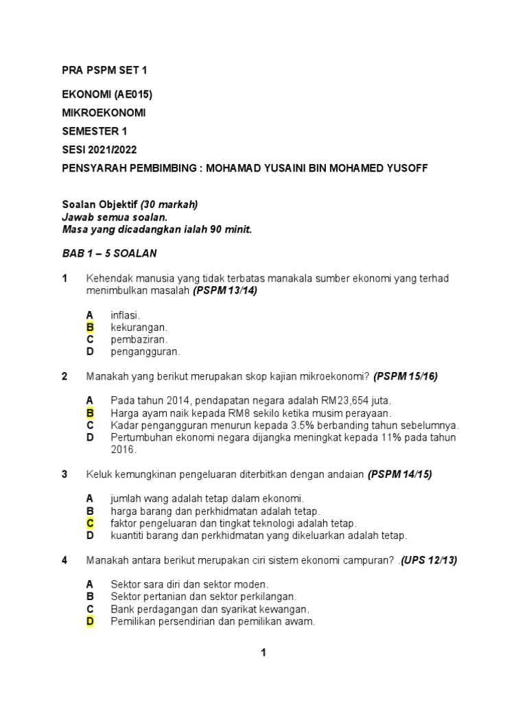 AE015 SOALAN PRAPSPM OBJEKTIF SET01 Kemaskini | PDF