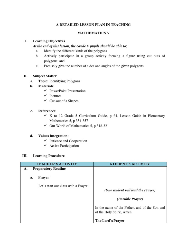 A Detailed Lesson Plan in Teaching Mathematics V | PDF | Shape | Polytopes