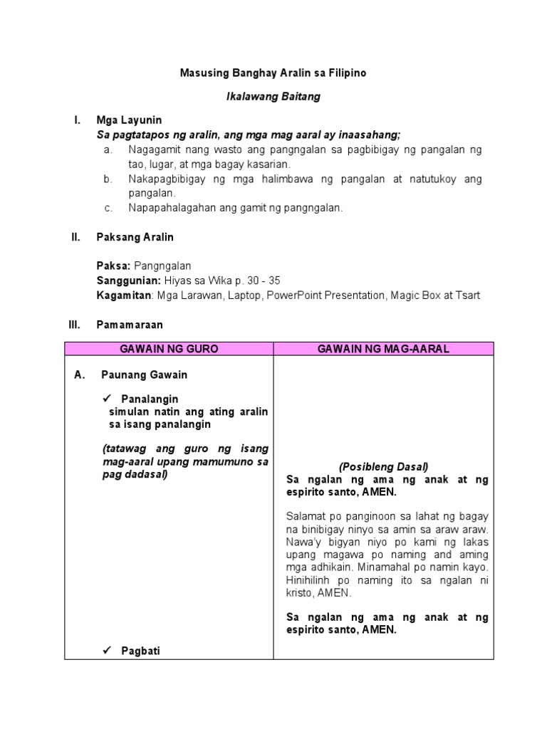 Masusing Banghay Aralin Sa Filipino | PDF