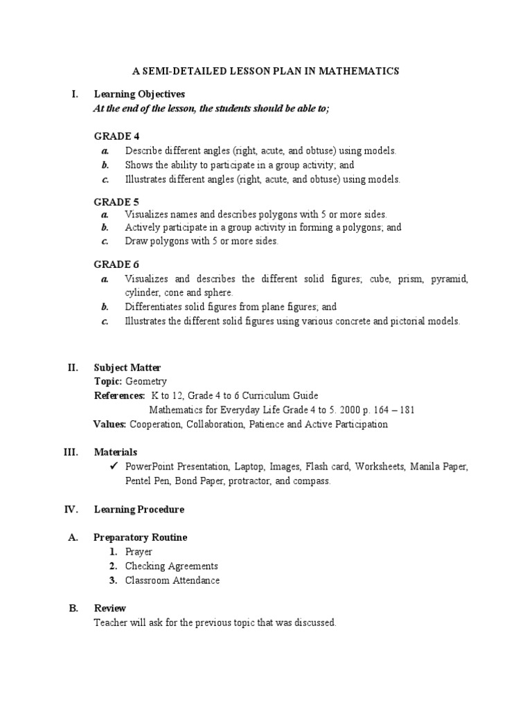 Multi-Grade Lesson Plan in Teaching Mathematics | PDF | Shape | Polygon