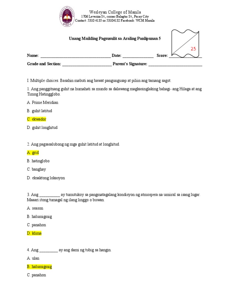 Unang Maikling Pagsusulit Sa Araling Panlipunan 5 | PDF