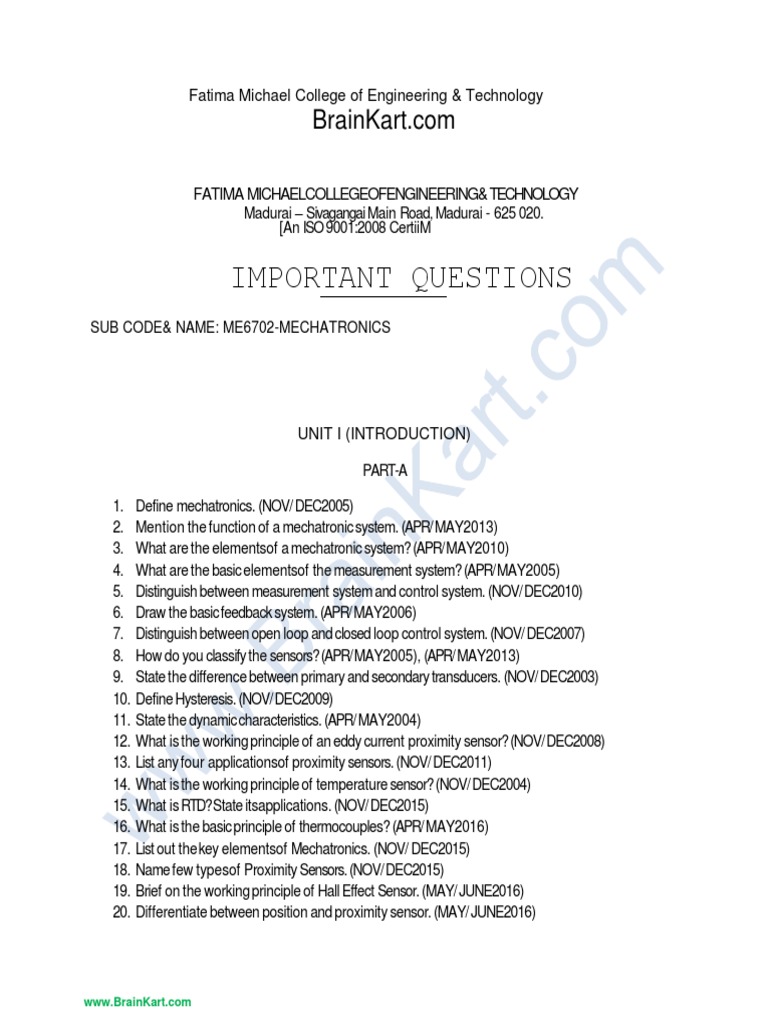 061 - ME8791, ME6702 Mechatronics - Important Questions | PDF | Programmable Logic Controller ...