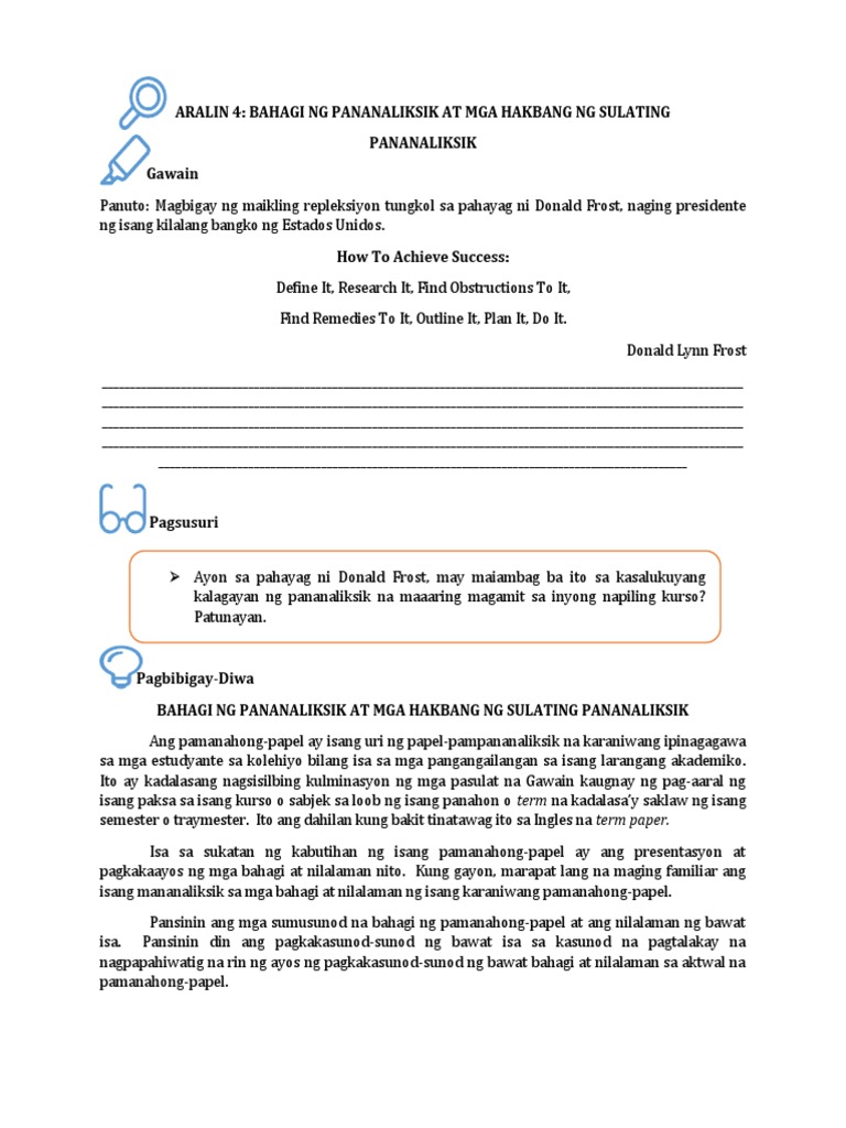 Aralin 4 Bahagi NG Pananaliksik at Mga Hakbang NG Sulating Pananaliksik | PDF