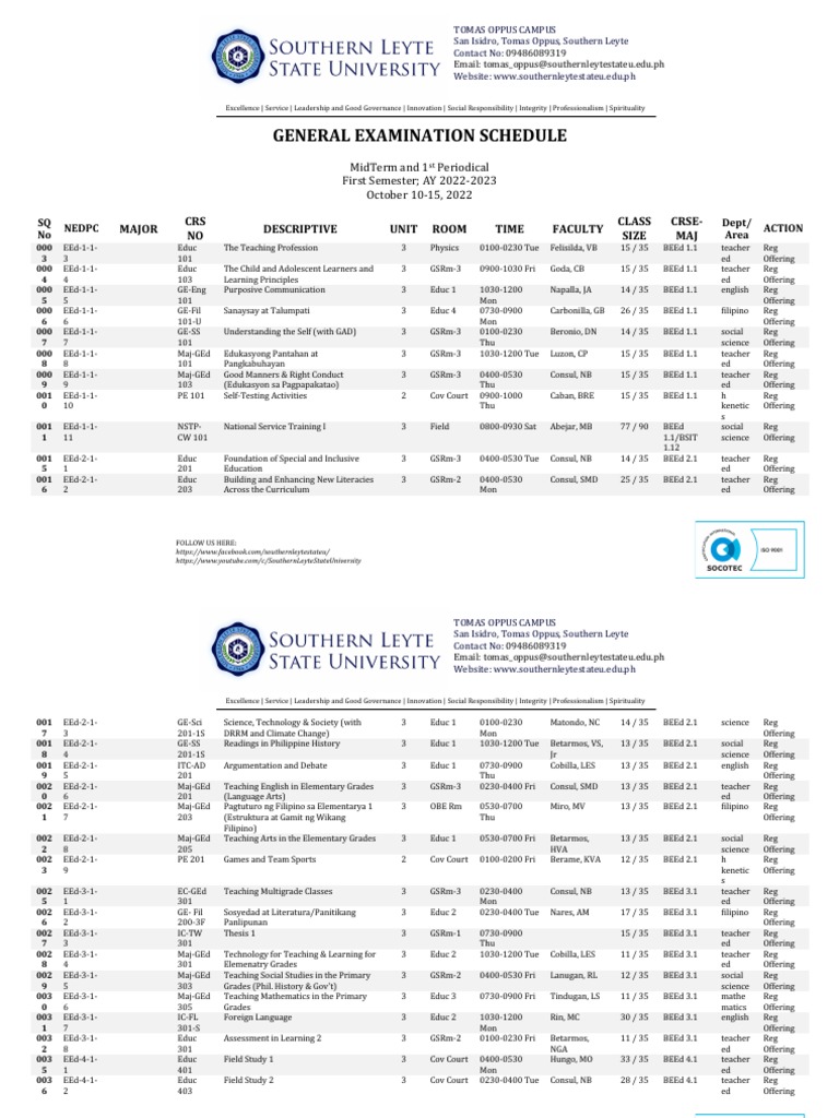 Tomas Oppus Campus MidTerm Exam Schedule | PDF