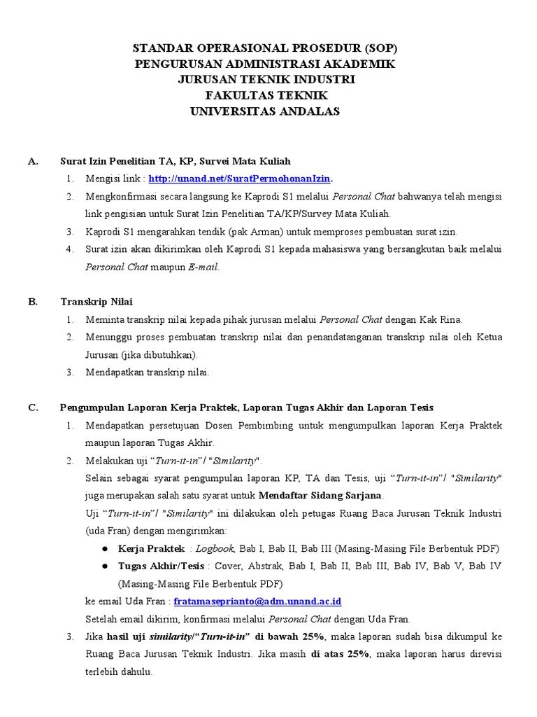 SOP Administrasi Akademik S1 JTI - Update 08112021 | PDF