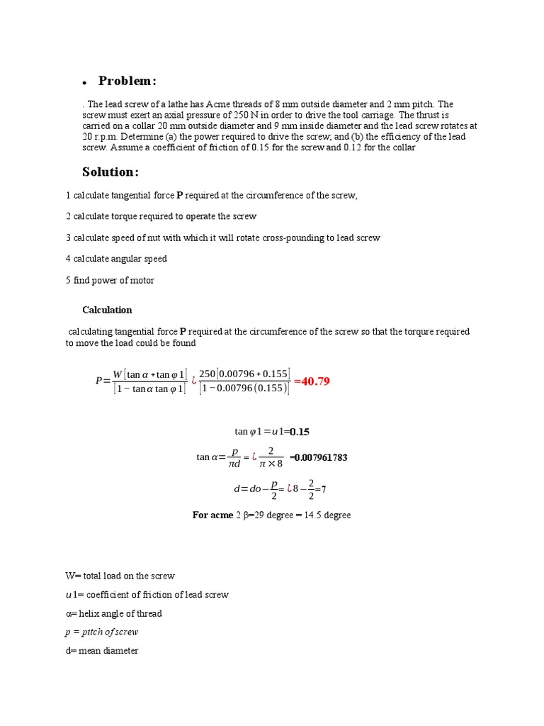 Lead Screw Power and Efficiency Calculations | PDF | Technology ...