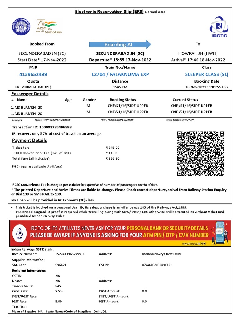 Electronic Reservation Slip (ERS)-Normal User | PDF | Identity Document ...