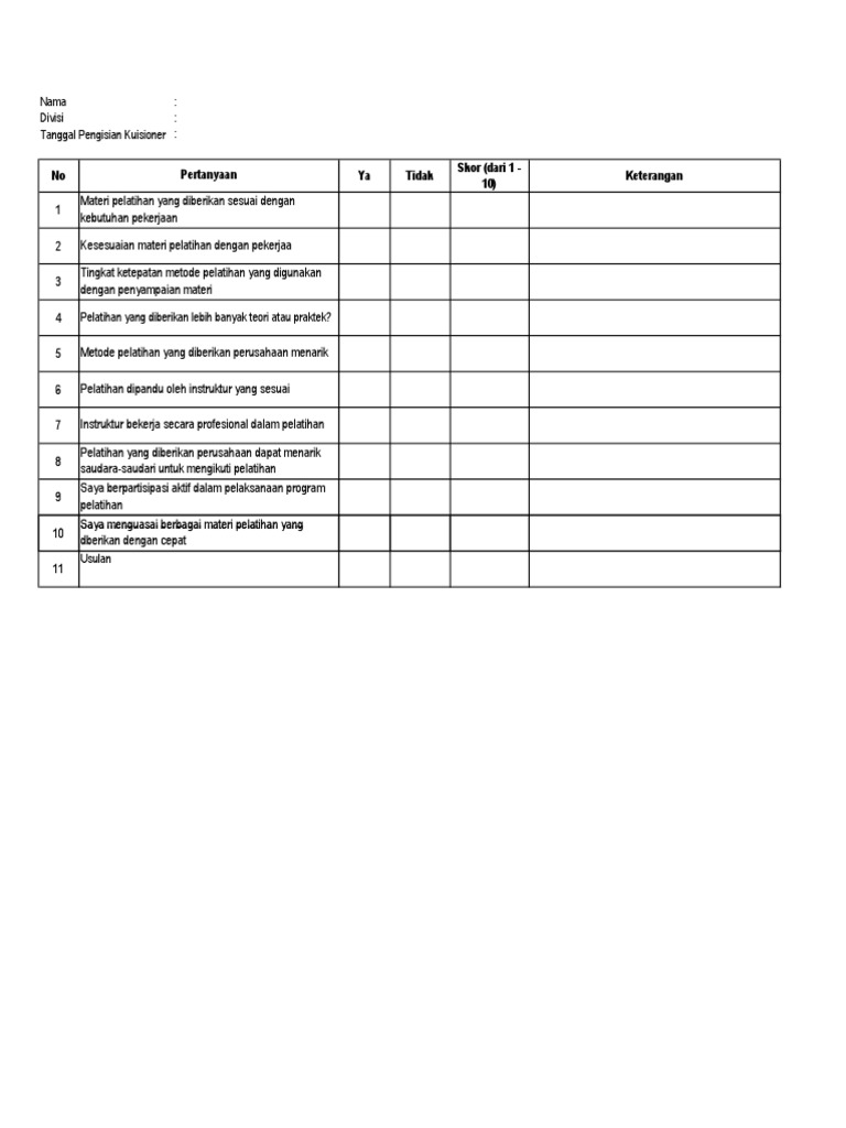 Kuisioner Training | PDF