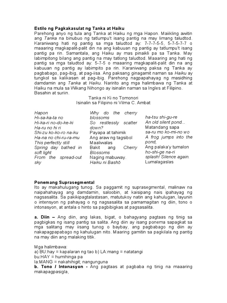 Estilo NG Pagkakasulat NG Tanka at Haiku GRADE 9 | PDF