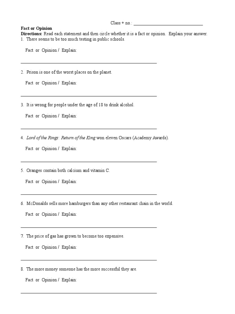 Fact and Opinion Worksheet | PDF