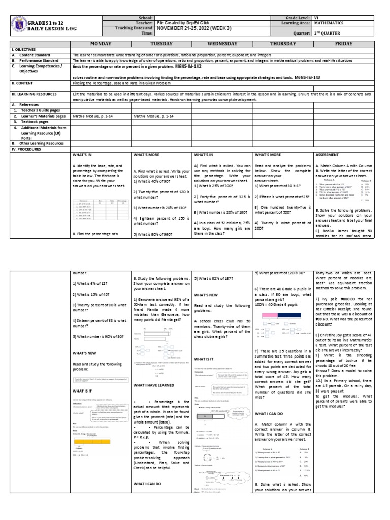 DLL - Mathematics 6 - Q2 - W3 | PDF | Teaching Method | Learning