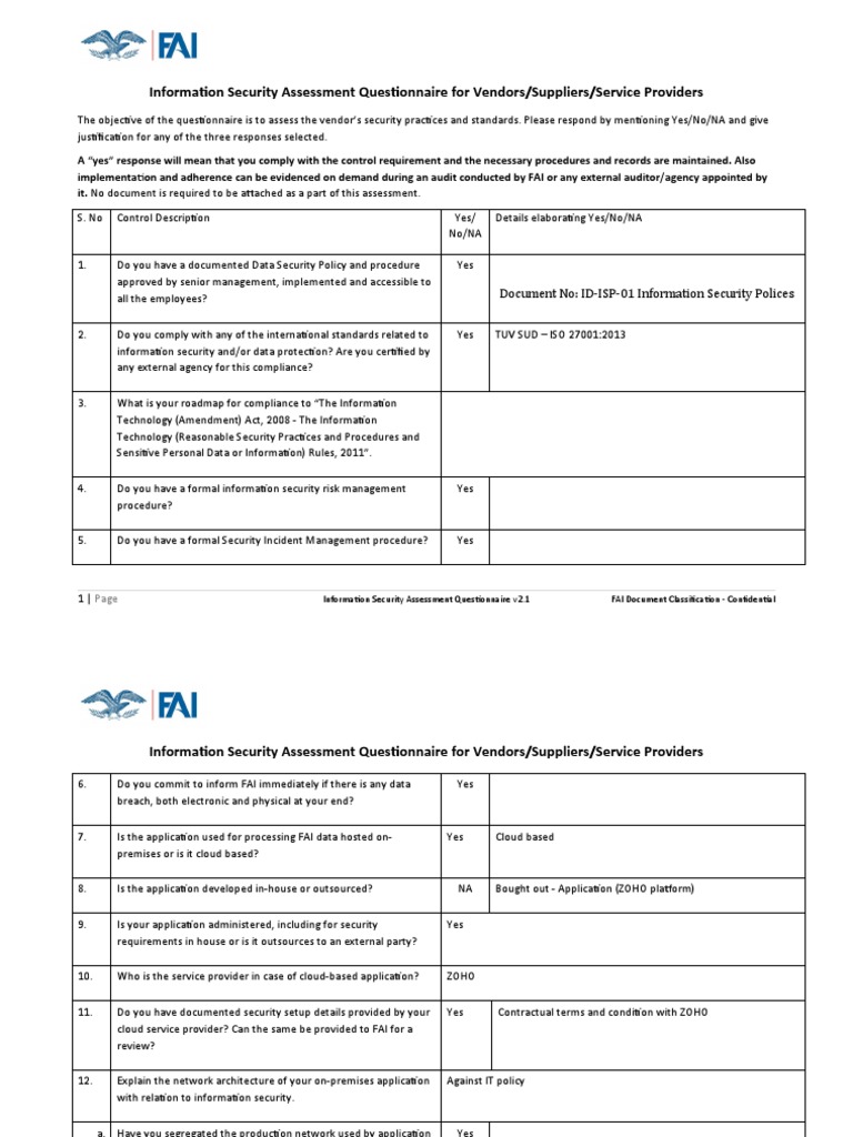 FAI Information Security Assessment Questionnaire v2.1 | PDF ...