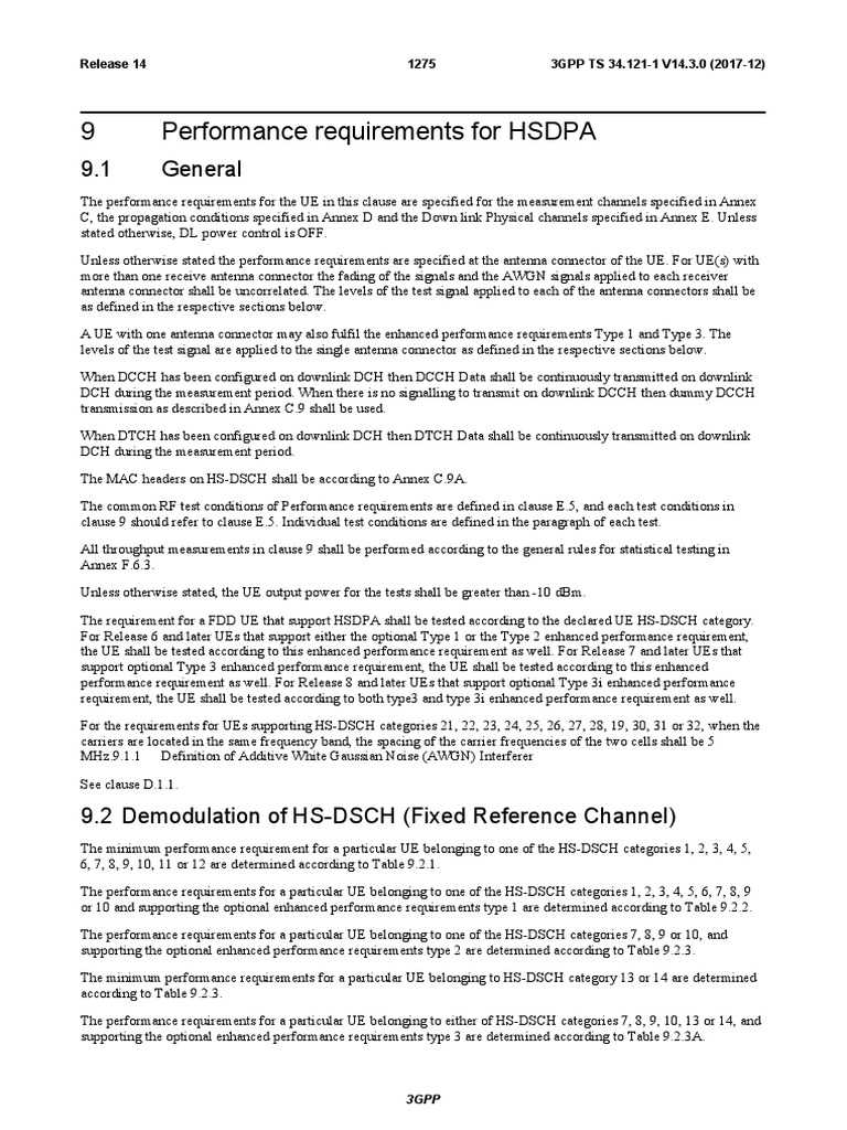 9 Performance Requirements For HSDPA: 9.1 General | PDF | High Speed ...
