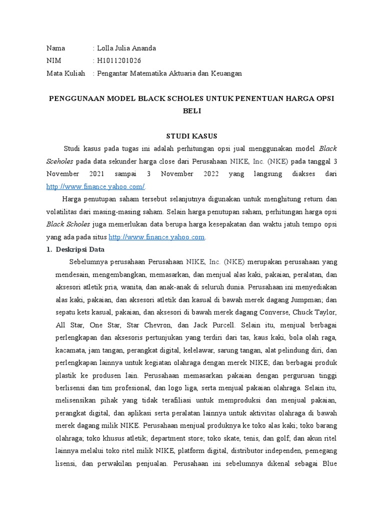 Penggunaan Model Black Scholes Untuk Penentuan Harga Opsi Beli Studi Kasus | PDF | Pengelolaan ...