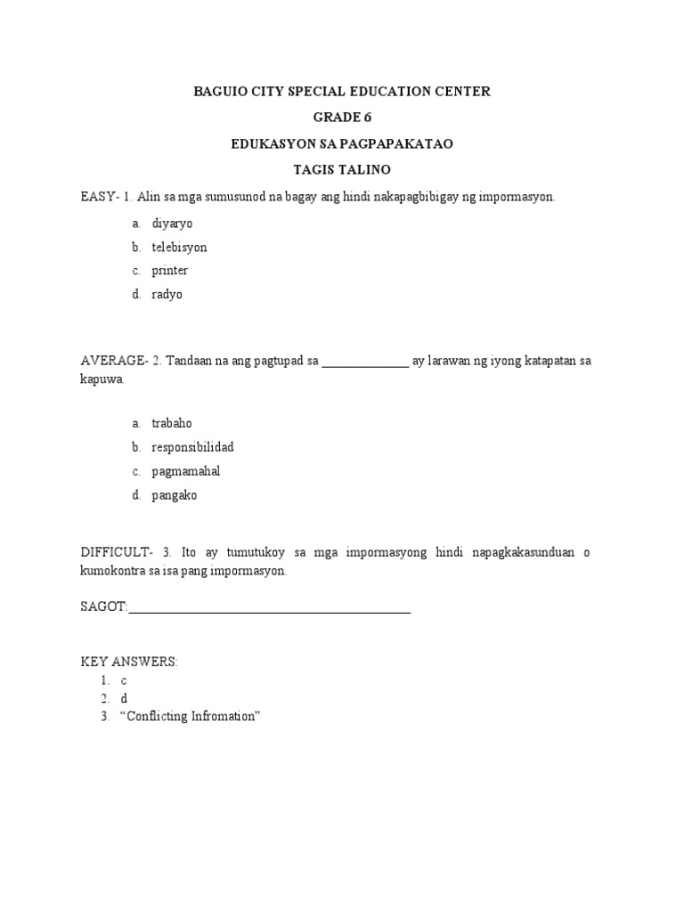 EsP Grade 6 Tagis Talino | PDF