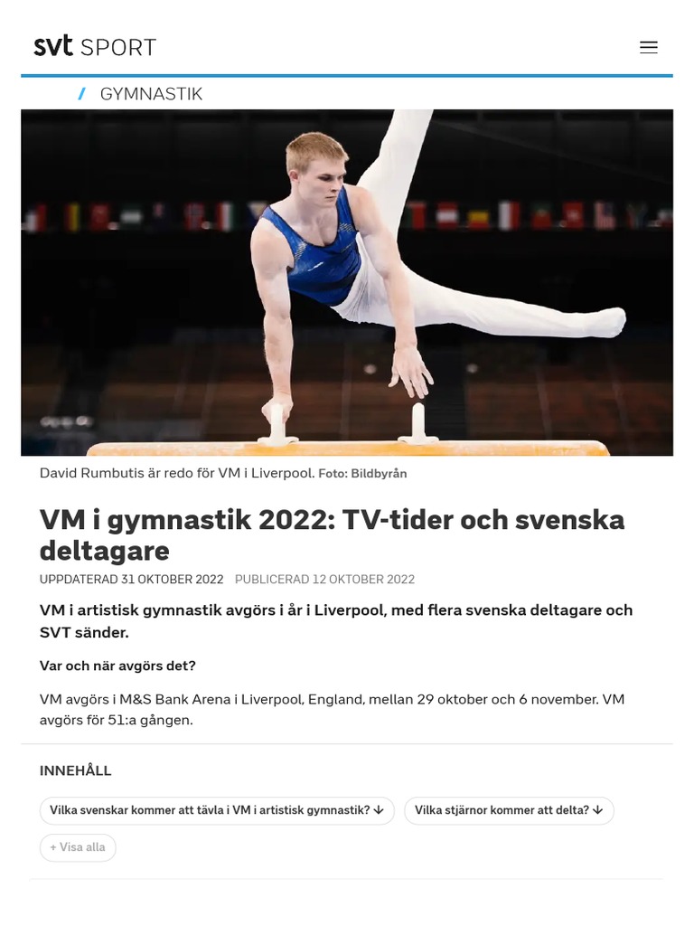 VM I Gymnastik 2022: TV-tider Och Svenska Deltagare - SVT Sport | PDF