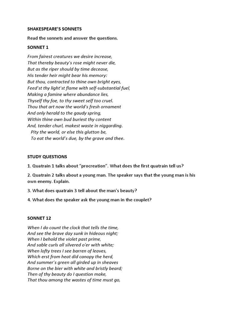 Sonnets Shakespeare and Study Questions | PDF | Poetry | Poems